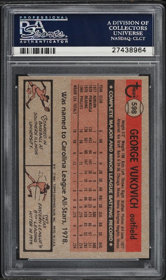 1981 TOPPS ROOKIE CARD #598 GEORGE VUKOVICH PHILLIES PSA 10 GEM MINT ...