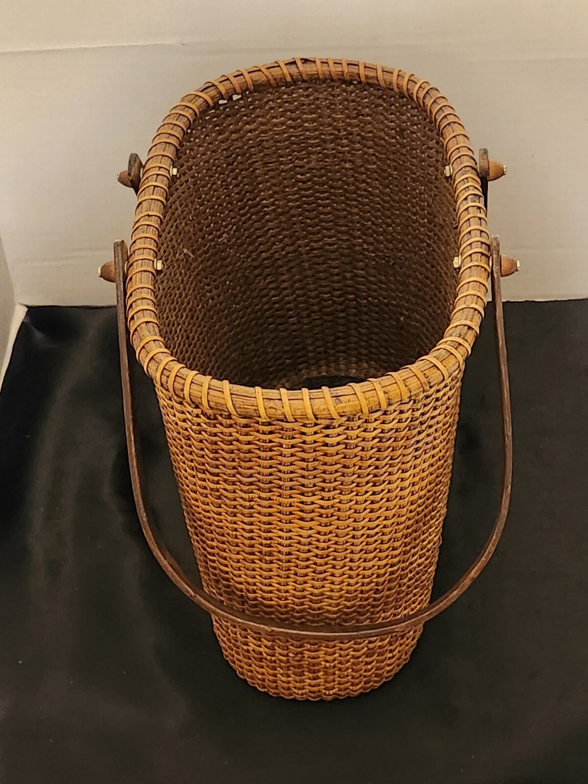 Vintage Handcrafted Basket Wooden Handles & Bottom H.8.5 Ins. L. 11 ins ...