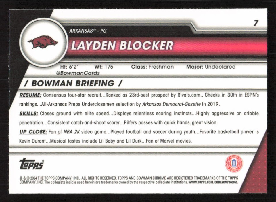 2023-24 Bowman University Chrome Layden Blocker Pink Refractor #7 Card ...