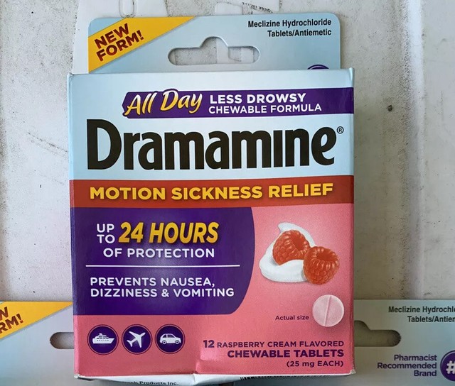 Dramamine Motion Sickness Chewable 24 HR Protection Raspberry Cream 12 ...