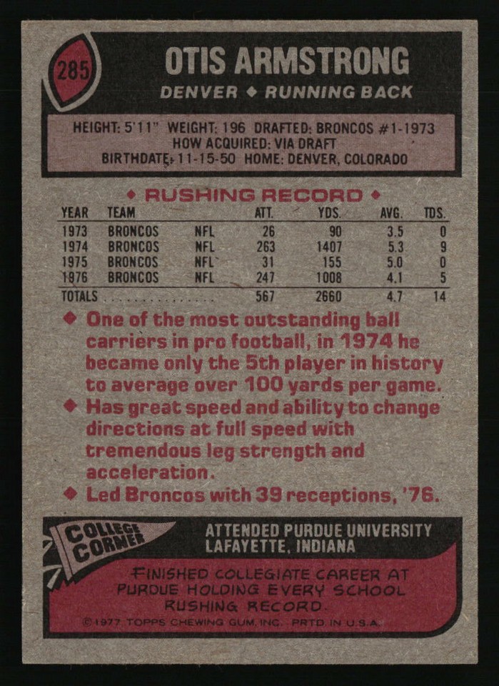 Otis Armstrong 1977 Topps #285 FOOTBALL Card | eBay