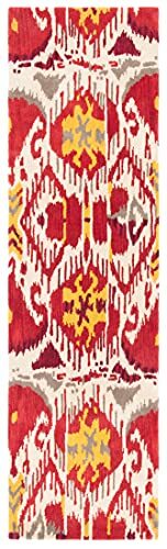 Ikat Collection Runner Rug - 2'3" x 8', Ivory & Red, Handmade Wool ...