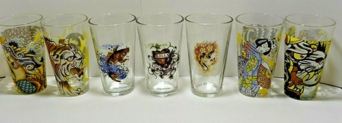 ED Hardy Christian Audigier Beer Glasses lot 7 mermaid hula girl geisha ...