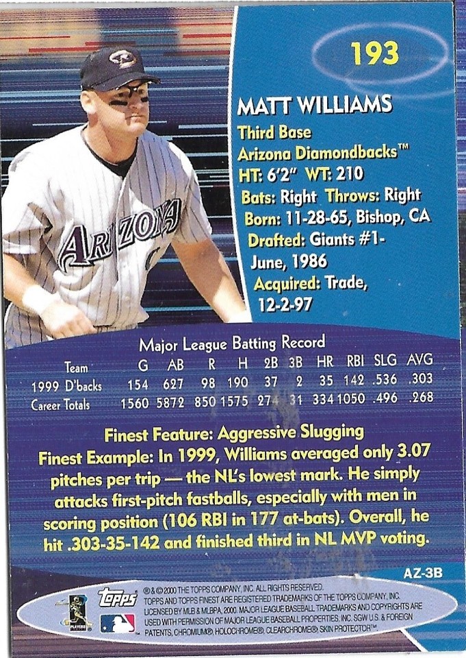 2000 Topps Finest Matt Williams 193 Arizona Diamondbacks No Protector ...