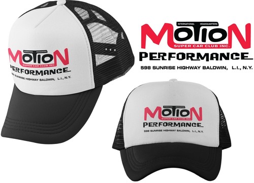 MOTION PERFORMANCE Super Car Club White Black Curved Brim Trucker Hat ...