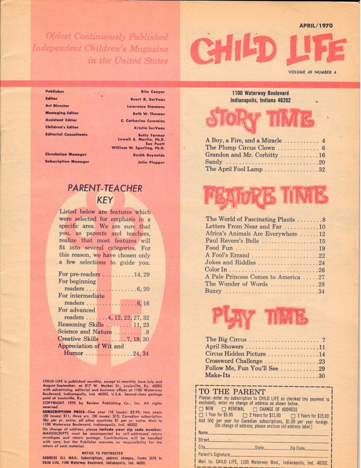 Vintage CHILD LIFE Magazine Booklet April 1970 Cover Circus Clowns ...