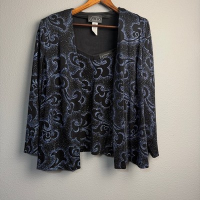 Alex Evenings Black Blue Sparkle Print 2 Piece Set Top Jacket Women's ...