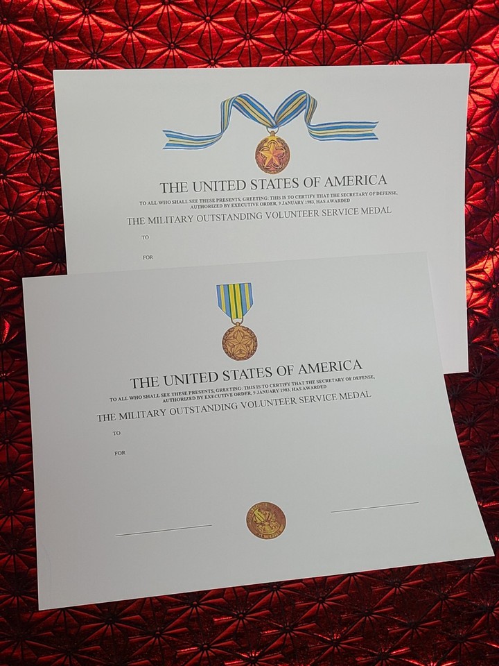 Military Outstanding Volunteer Service Medal Certificate & Ribbon MOVSM ...