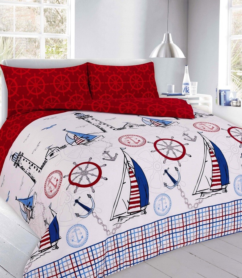 Nautical Seaside Beach Red Printed Duvet Cover and Pillowcase Bedding ...