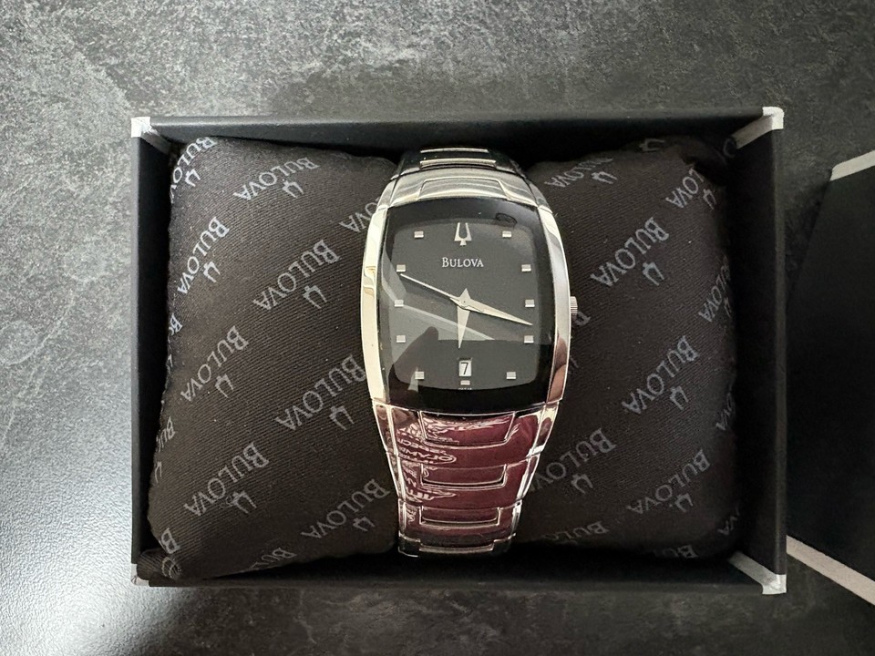 Bulova A8 Men's Rectangle Black Dial Quartz Date Watch Stainless ...