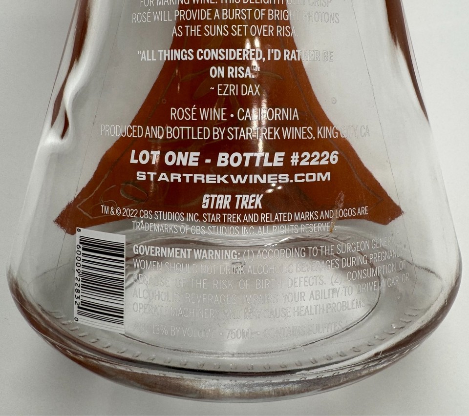 Star Trek Wine Empty Bottle Risian Rose Wine Bottle Risa With Stopper ...