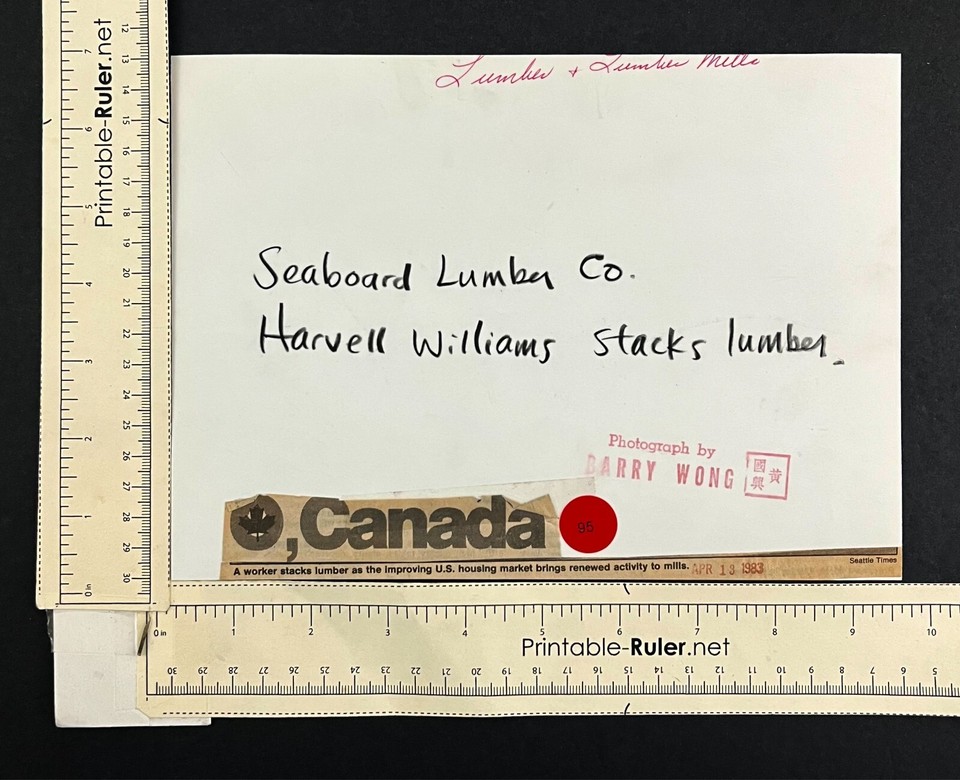 1983 Seaboard Lumber Co Canada Worker Stacks Wood Planks Vintage Press ...