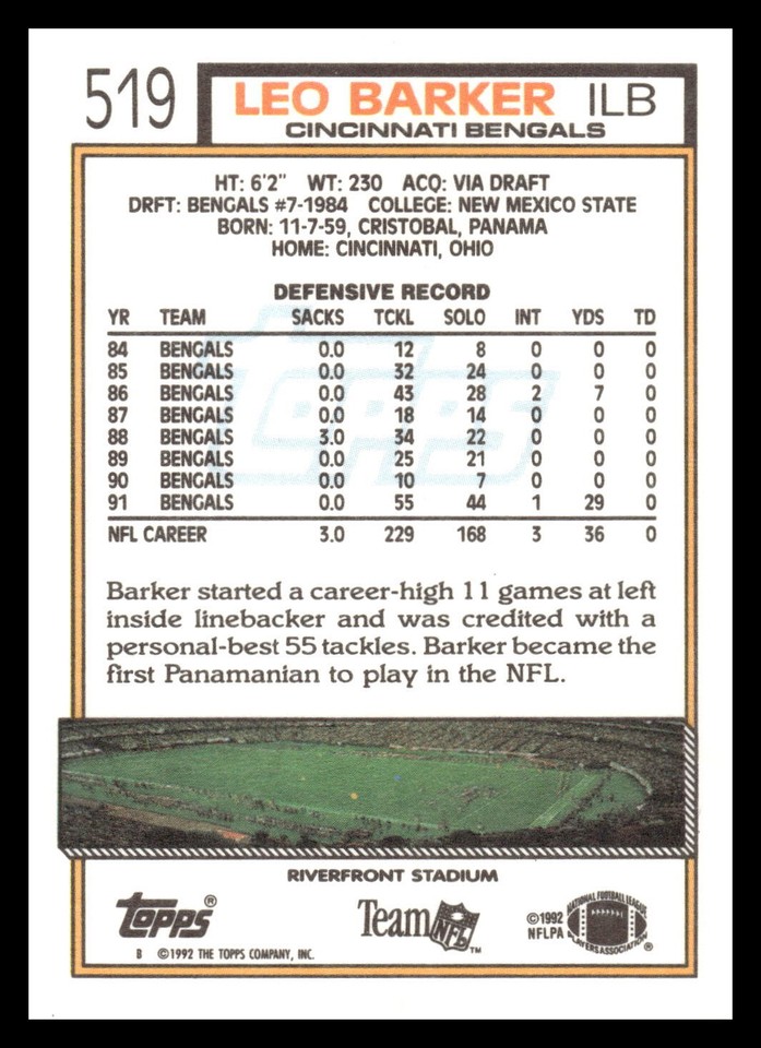1992 Topps #519 Leo Barker Cincinnati Bengals Football Card EX | eBay