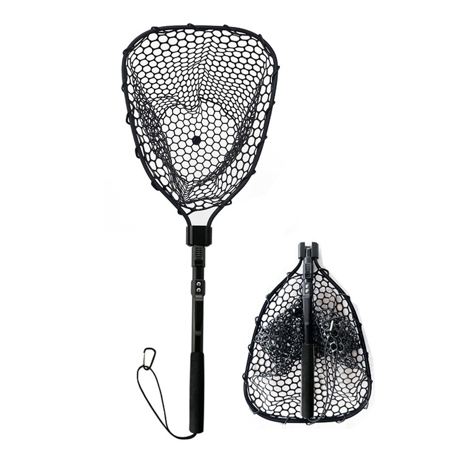 Folding Fly Fishing Landing Net Rubber Safe Catch Release Silicone Fish ...