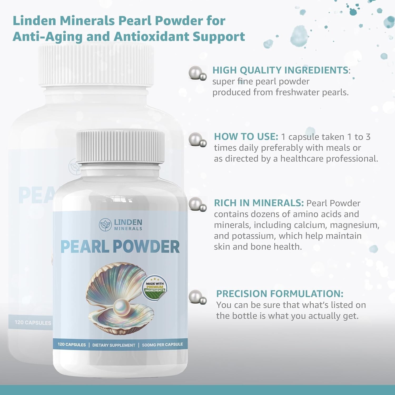 PEARL POWDER Supplement 500mg, 120 Capsules - Natural Source of Calcium ...