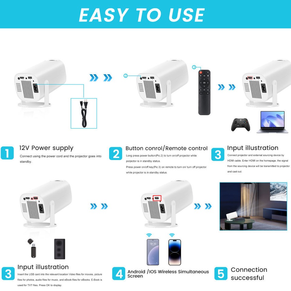 4K Mini Projector WiFi LED 180° Rotate 1080P Bluetooth UHD Home Theater ...