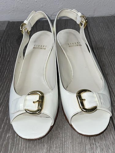 Stuart Weitzman White Patent Leather Open Toe Slingback With Buckle ...