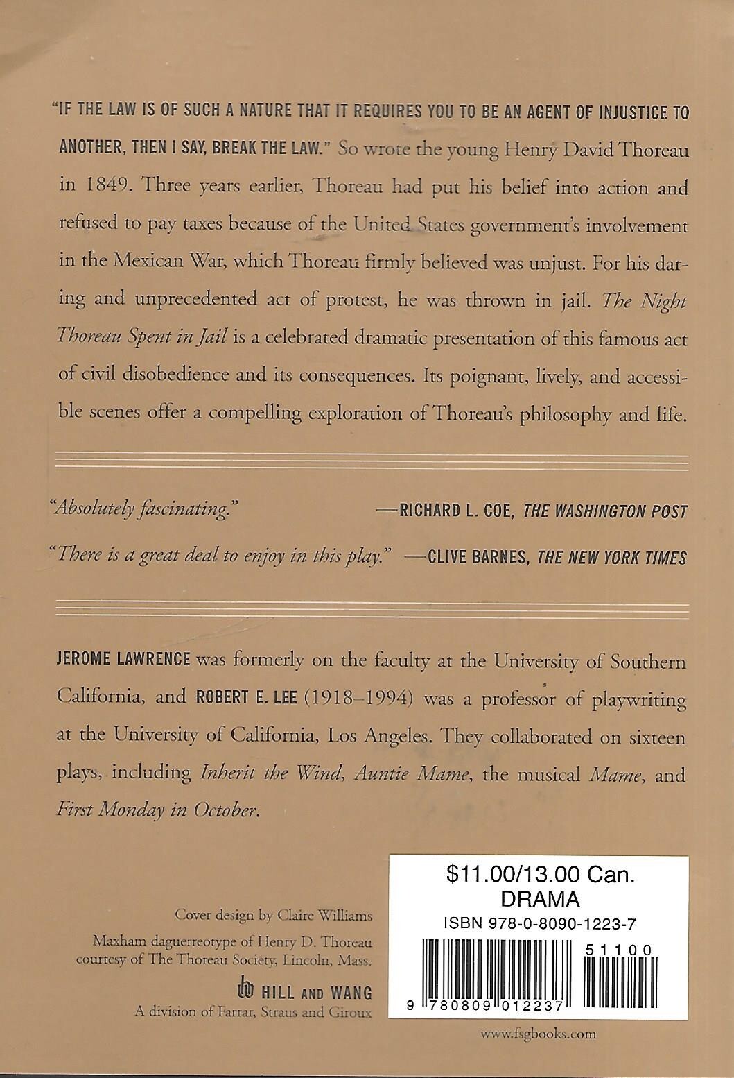 Night Thoreau Spent in Jail : A Play by Robert E. Lee and Jerome ...