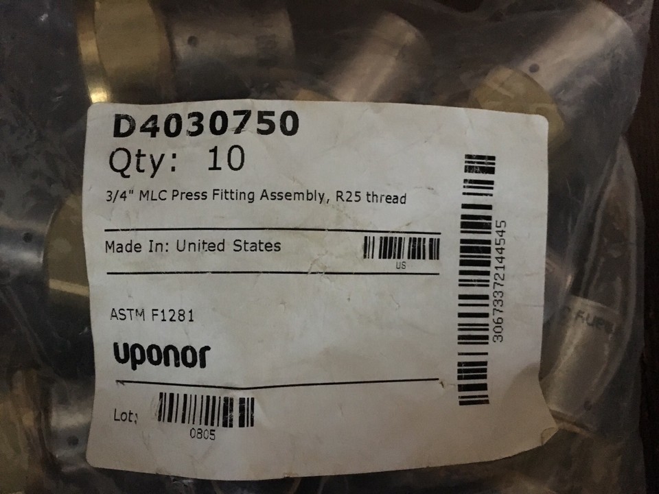 Lot bag of 10 Uponor 3/4 mlc press fitting, R25 thread D4030750 | eBay