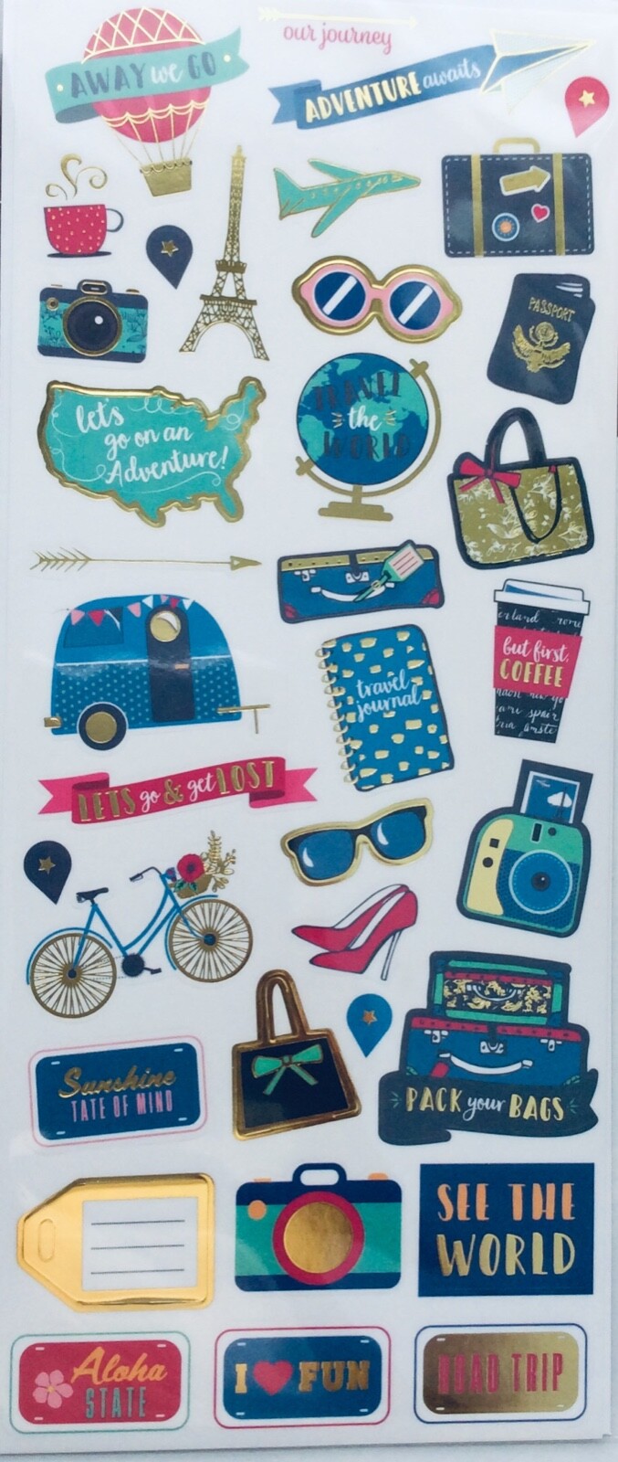 Gold Foiled Travel Vacation Adventure Road Trip Scrapbook Stickers 5” x ...