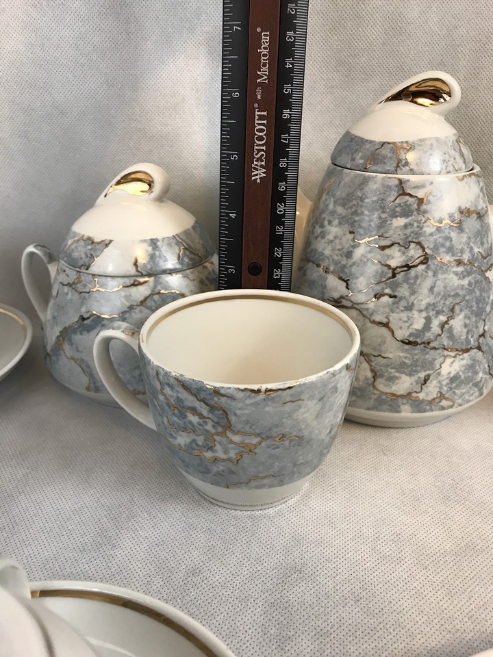 Vintage Tea Set Blue White Gold Signed TL 16 Pieces Gift Collectible | eBay