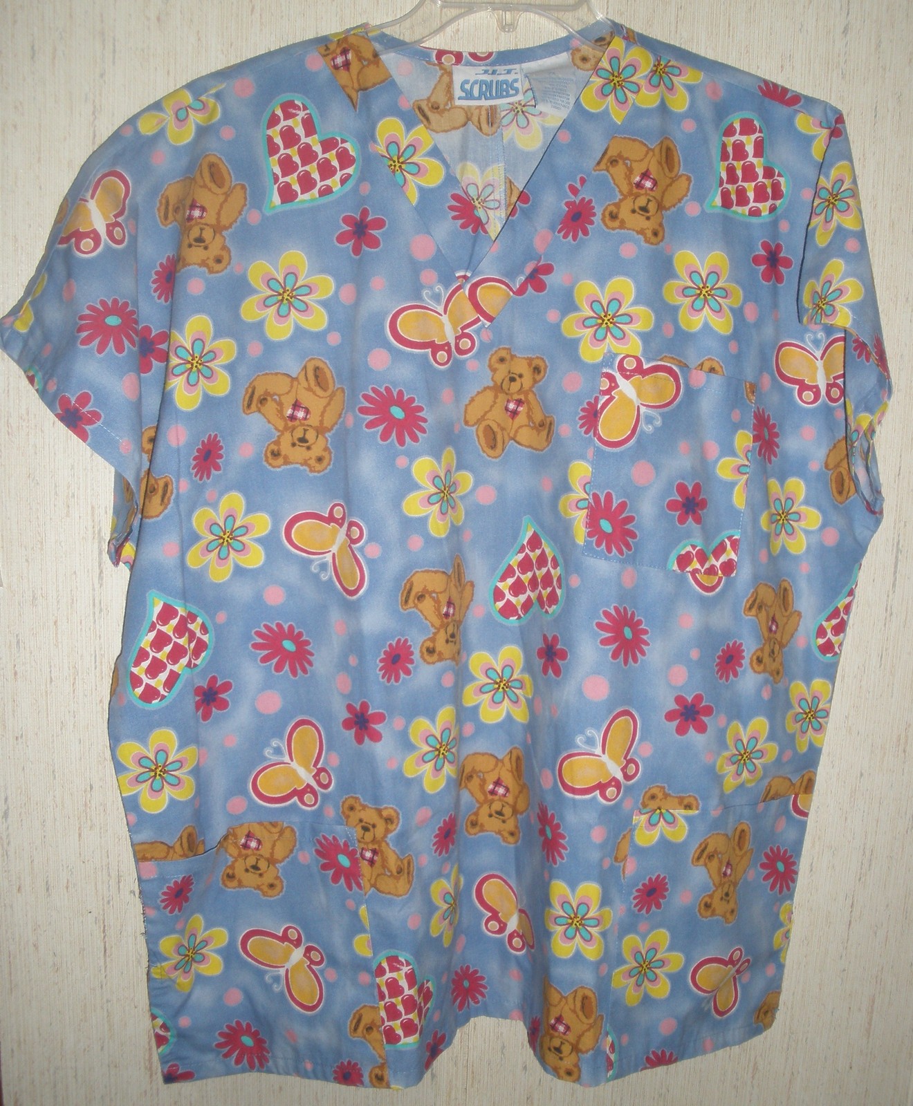 WOMENS J.I.J. SCRUBS "Teddy Bears & Butterflies" S/S SCRUBS TOP SIZE 2X ...