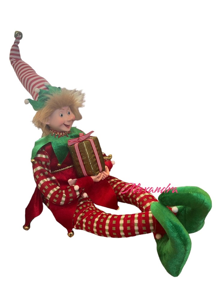 Elf 30” Shelf Sitting Posable Legs Red & Green Bells Present Christmas ...