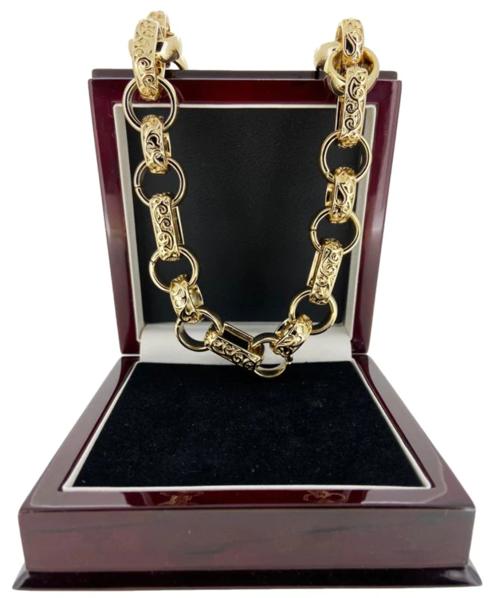New XXL 18mm Gold 18K GF Ornate Gypsy Link Belcher Chain Gents Men ...