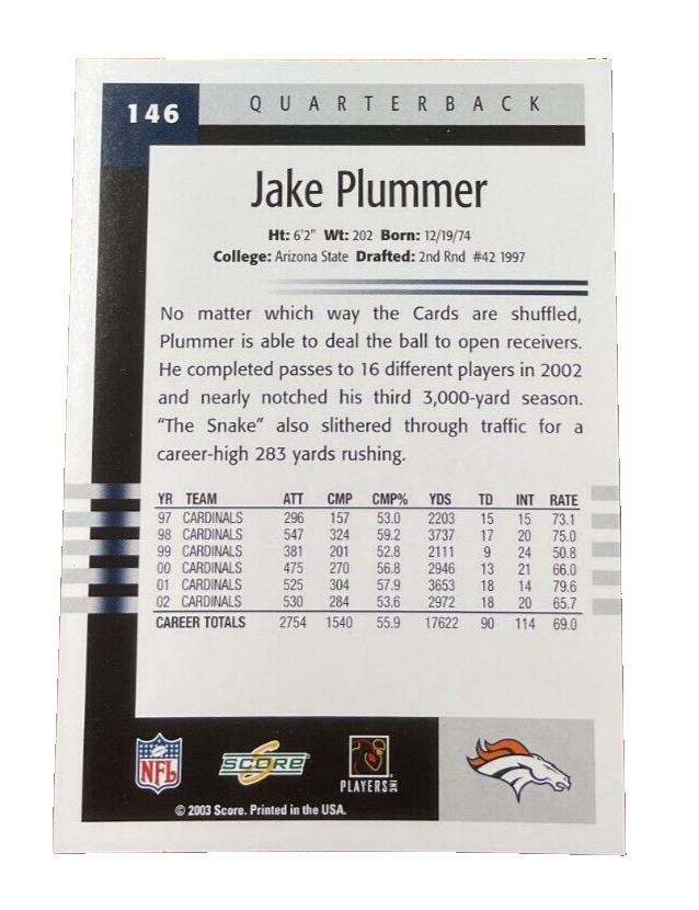 2003 SCORE CARD # 146 Jake Plummer - Denver Broncos | eBay
