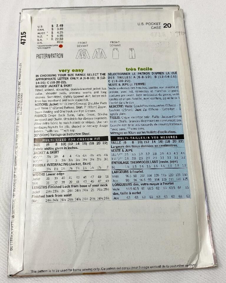 Butterick See & Sew Pattern 4715 Jacket & Straight Skirt SUIT Sz 12-16 ...