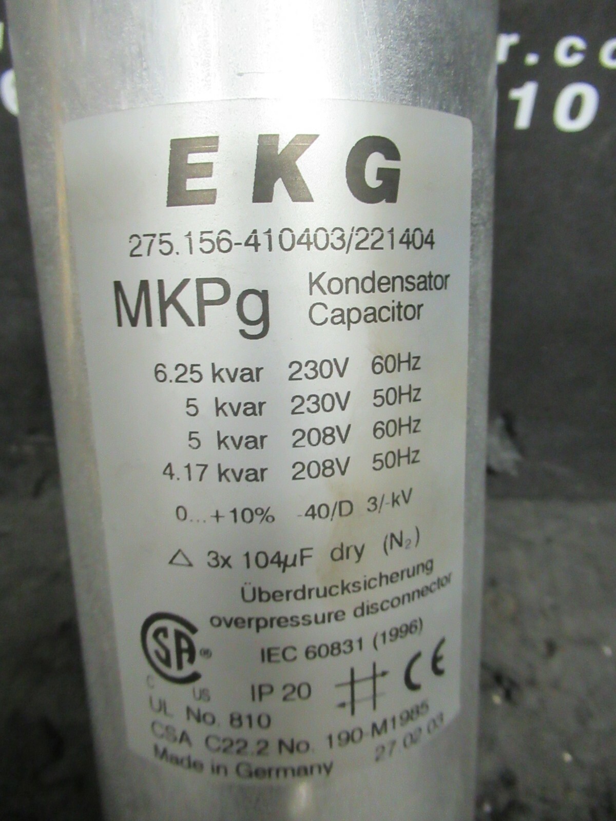 EKG MKPg KONDENSATOR CAPACITOR 6.25 KVAR @ 230 VAC 60 HZ 275.156-410403 ...
