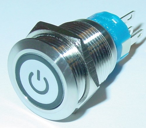 Taster, Lichttaster,19mm, EIN/AUS-Symbol, mit LED weiß, Edelstahl, 250V ...