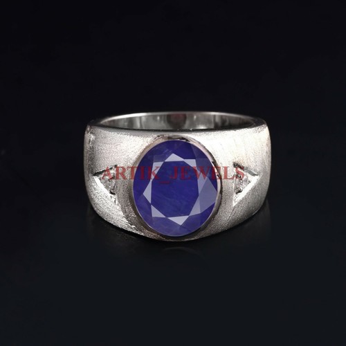 Heated Blue Sapphire Gemstone with 925 Sterling Silver Ring for Men's ...