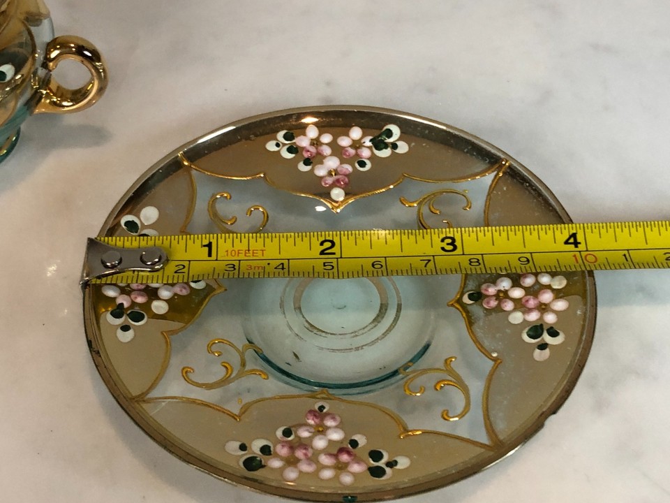 Unusual Att. Moser Glass Demitasse Cup & Saucer, Aqua Blue Uranium Gold ...