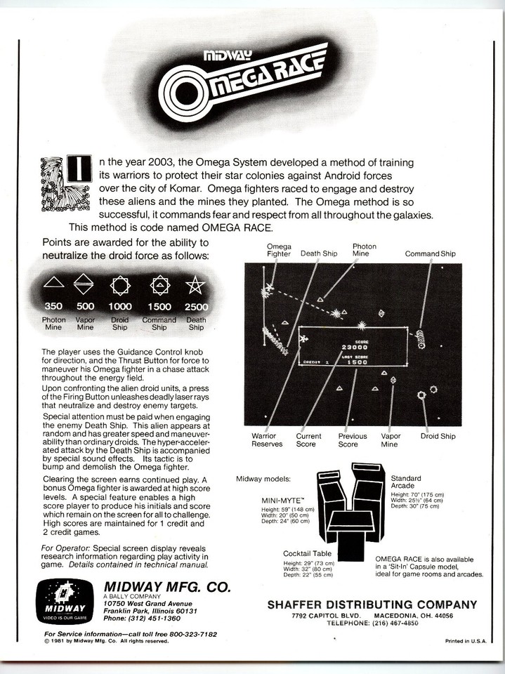 1981 Midway Omega Race Arcade Game Flyer Space Capsule Sit-In Model ...