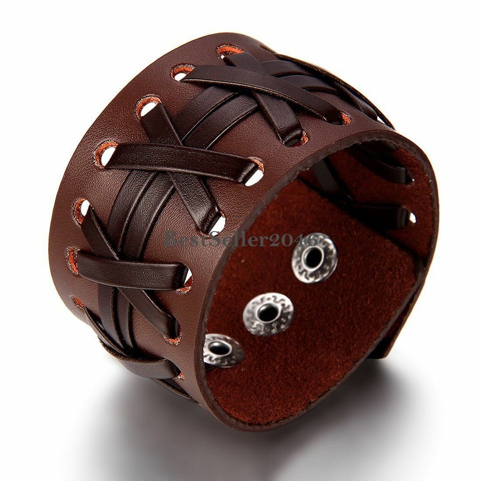 3PCS Punk Rock Wide Strap Spike Studded Biker Leather Cuff Bracelet ...