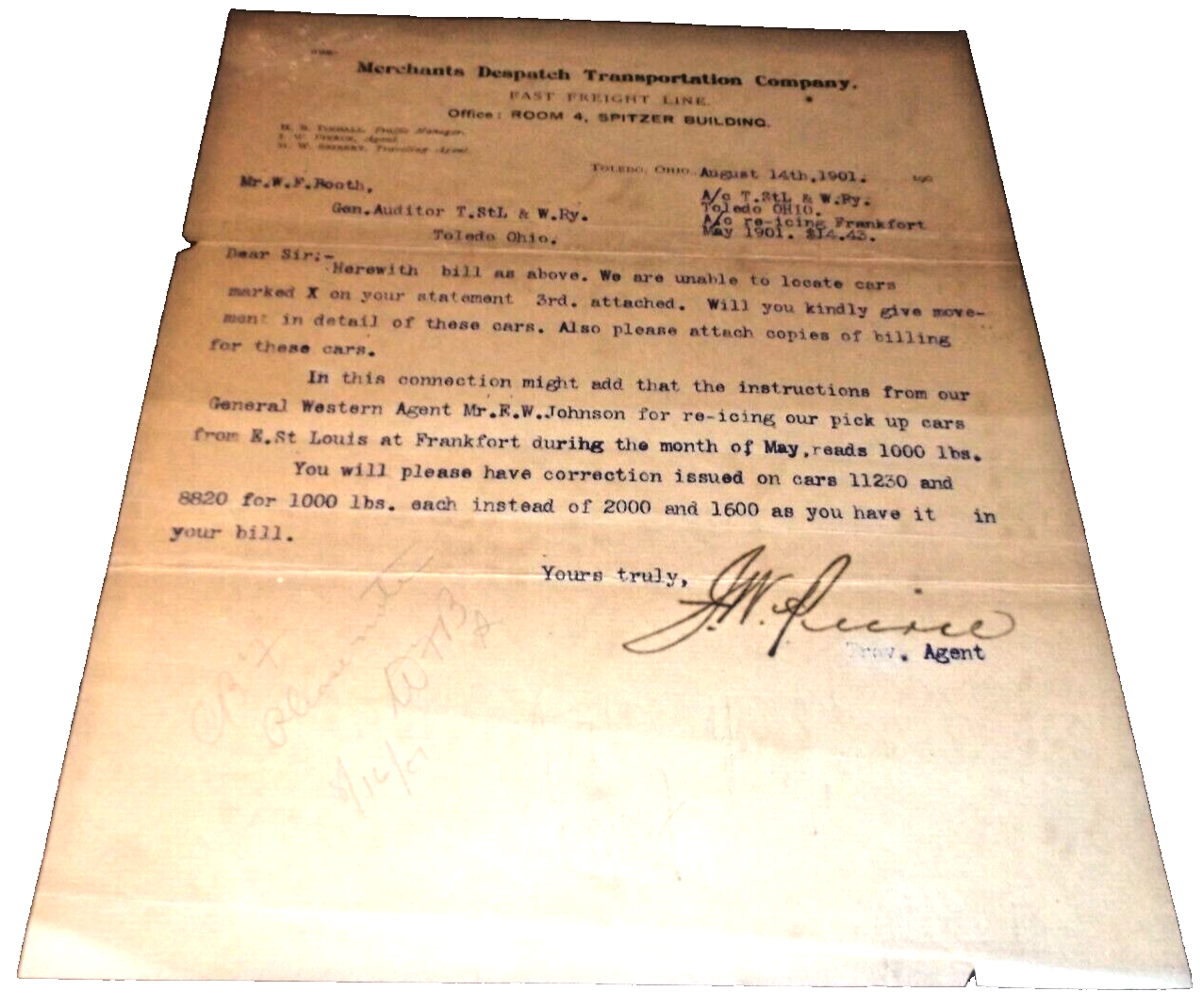 1901 MERCHANTS DESPATCH TRANSPORTATION LETTER TO TOLEDO ST. LOUIS ...