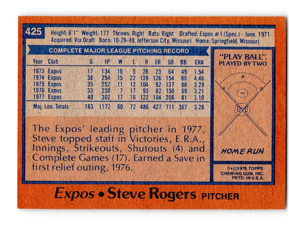 1978 Topps #425 Steve Rogers Montreal Expos Baseball Card EX-EX+ | eBay