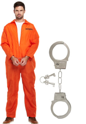 Adults Orange Prisoner Jumpsuit & Hand Cuffs Set - Inmate Fancy Dress ...