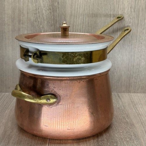 Vintage French Copper and Ceramic Double Boiler Bain Marie Pot Pan w ...
