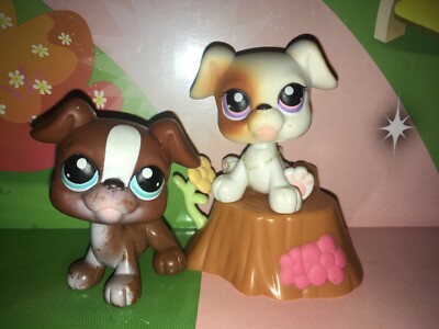 Littlest Pet Shop LPS 83 Brown Dog & 84 White Dog With Tree Stump ...