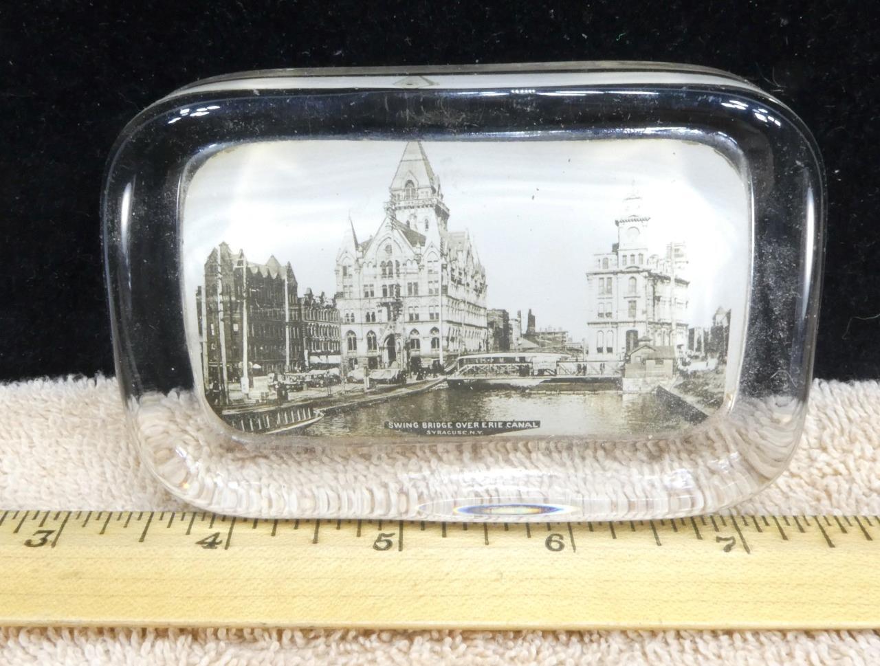 OLD Glass PAPERWEIGHT Swing Bridge Erie Canal Syracuse NY Savings Bank ...