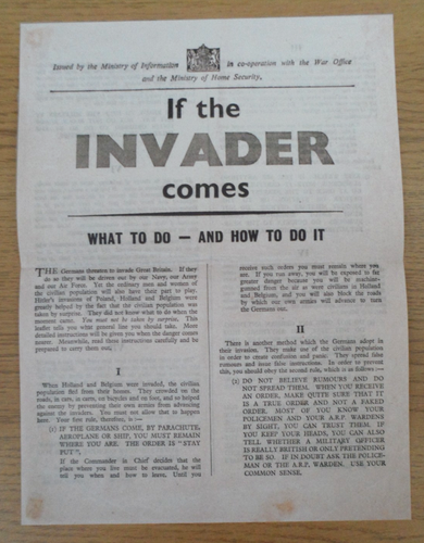 IF THE INVADER COMES ~ 1940 HOME FRONT INFORMATION LEAFLET # READ ...