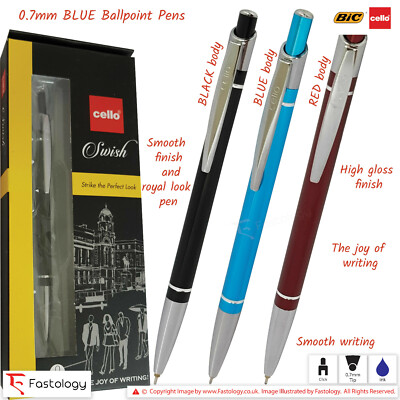 BIC CELLO Swish 0.7mm Fine Tip BLUE Ballpoint Pen High Gloss Body ...