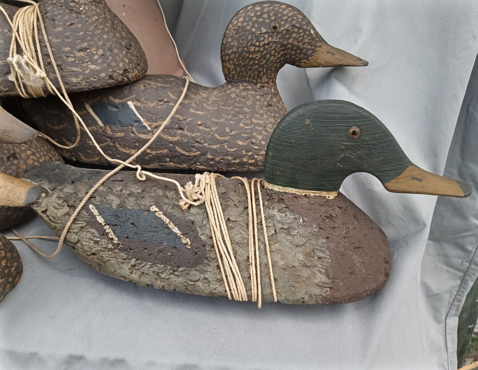 Antique Rig 11 Cork Wood Duck Decoys Decoy w Crate George Klebber St ...