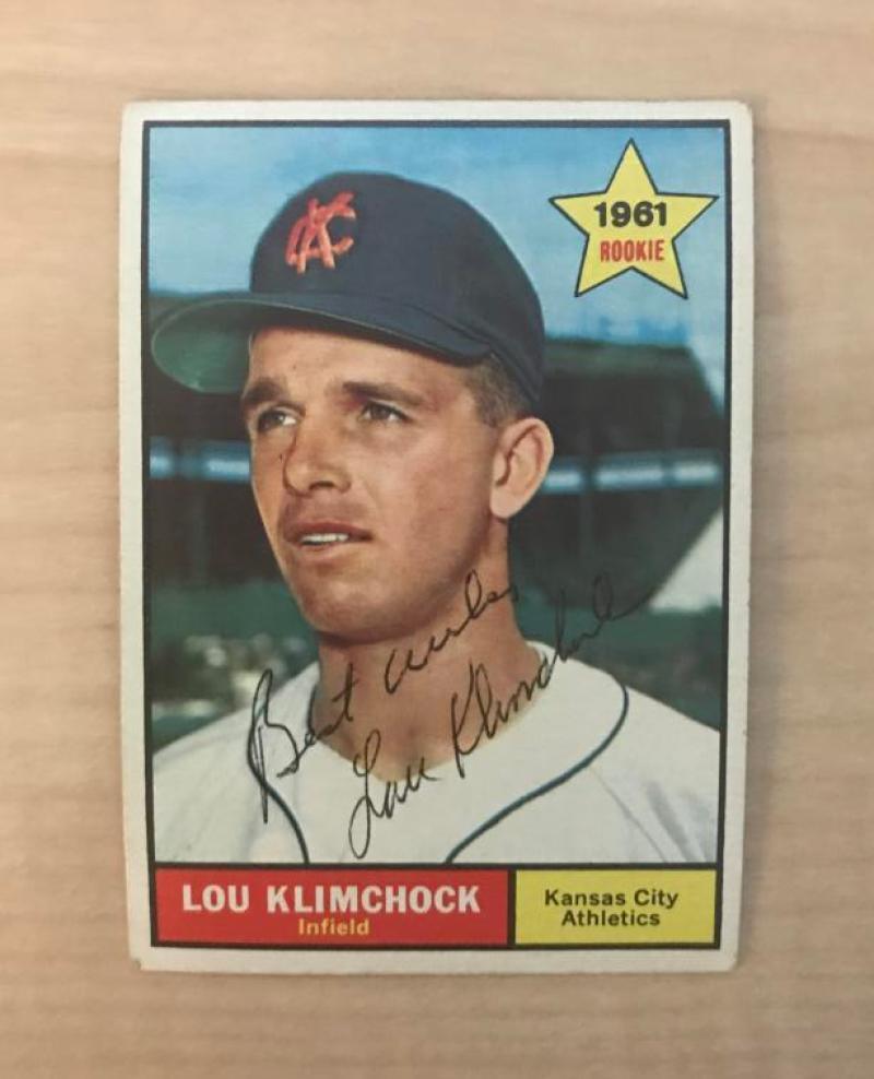 LOU KLIMCHOCK KANSAS CITY ATHLETICS SIGNED VINTAGE 1961 TOPPS CARD #462 ...