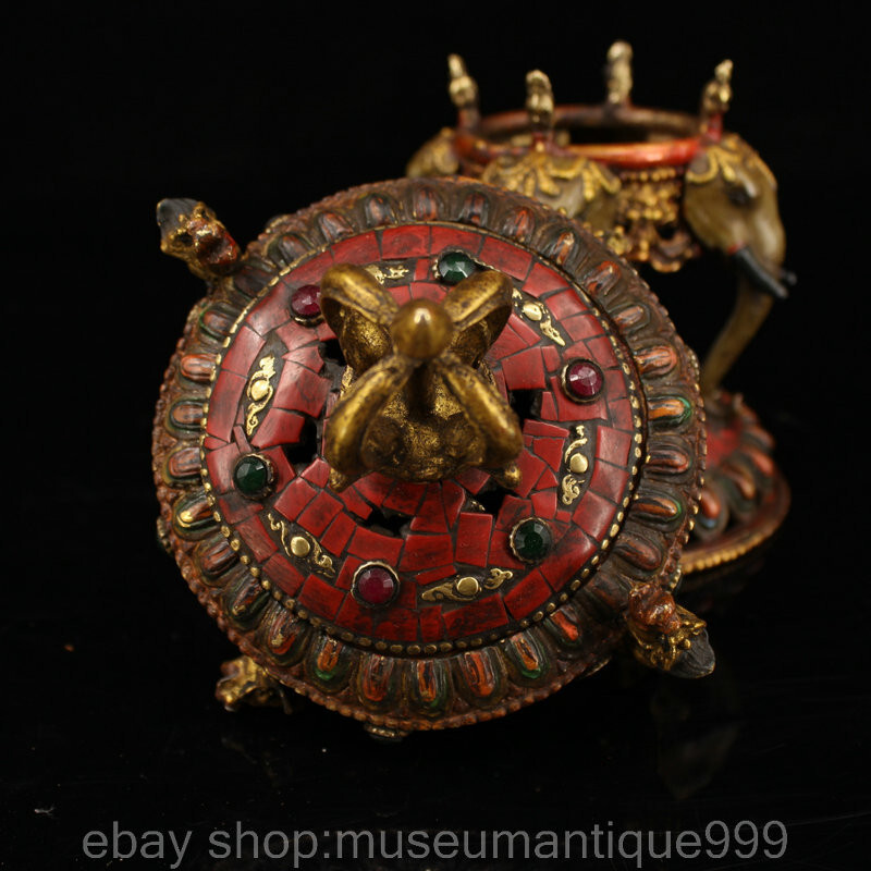 9.6" Old Tibet Bronze Inlay Turquoise Gilt Elephant Foot Beast handle ...