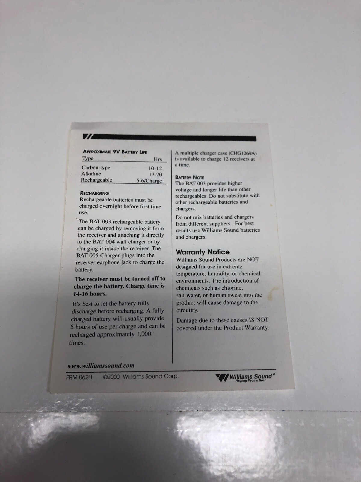 Williams Sound Personal PA Sound Amplifier System FM Receiver Model R7 ...