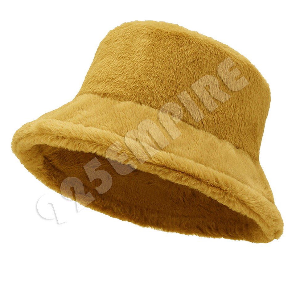Plush Fluffy Bucket Hat Women Warm Lining Winter Faux Fur Cozy Wide ...