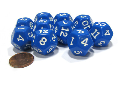 Set of 10 D12 12-Sided 18mm Opaque RPG Dice - Blue with White Numbers ...